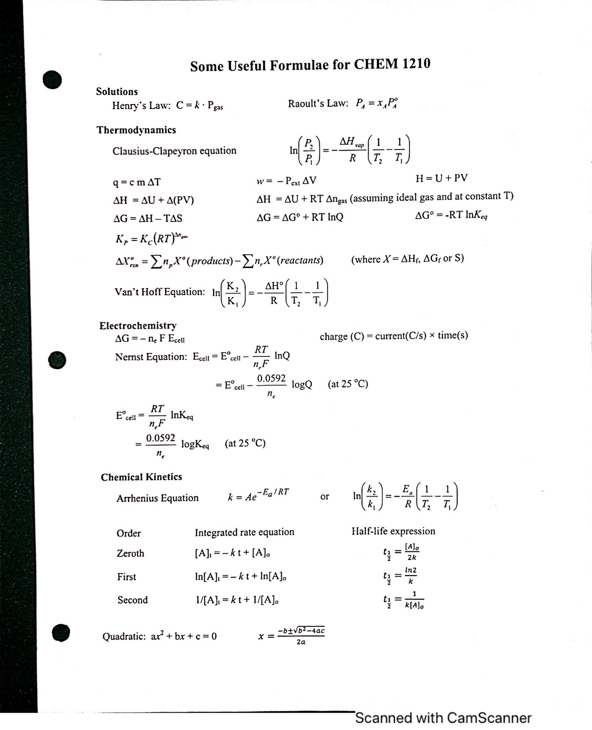 Useful values and Formulae for CHEM 1210 - CHEM 1210 - Studocu