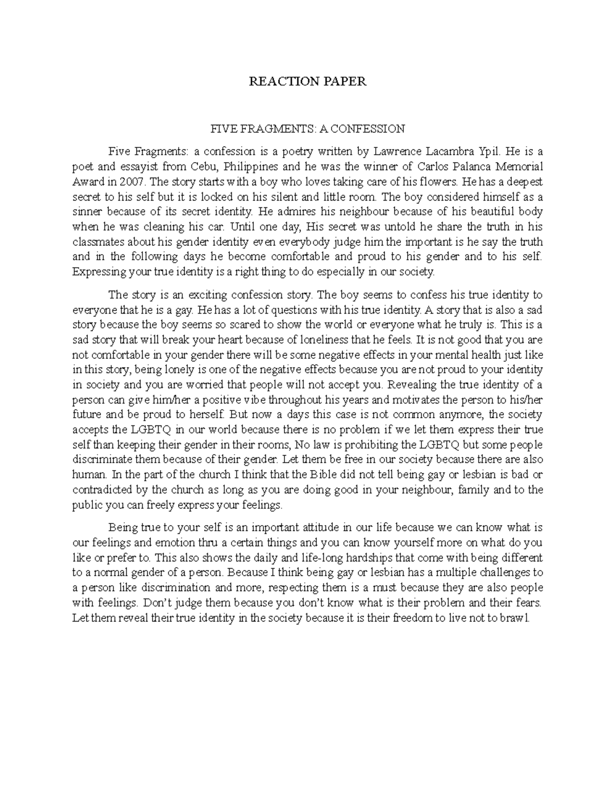 5frag - ... - REACTION PAPER FIVE FRAGMENTS: A CONFESSION Five ...