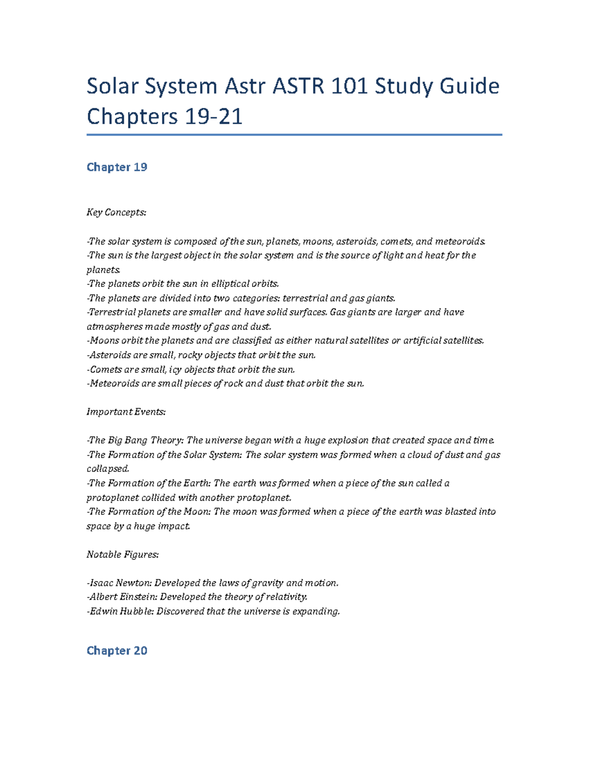 Solar System Astr ASTR 101 Study Guide Chapters 19-21 - Solar System Astr ASTR 101 Study Guide ...
