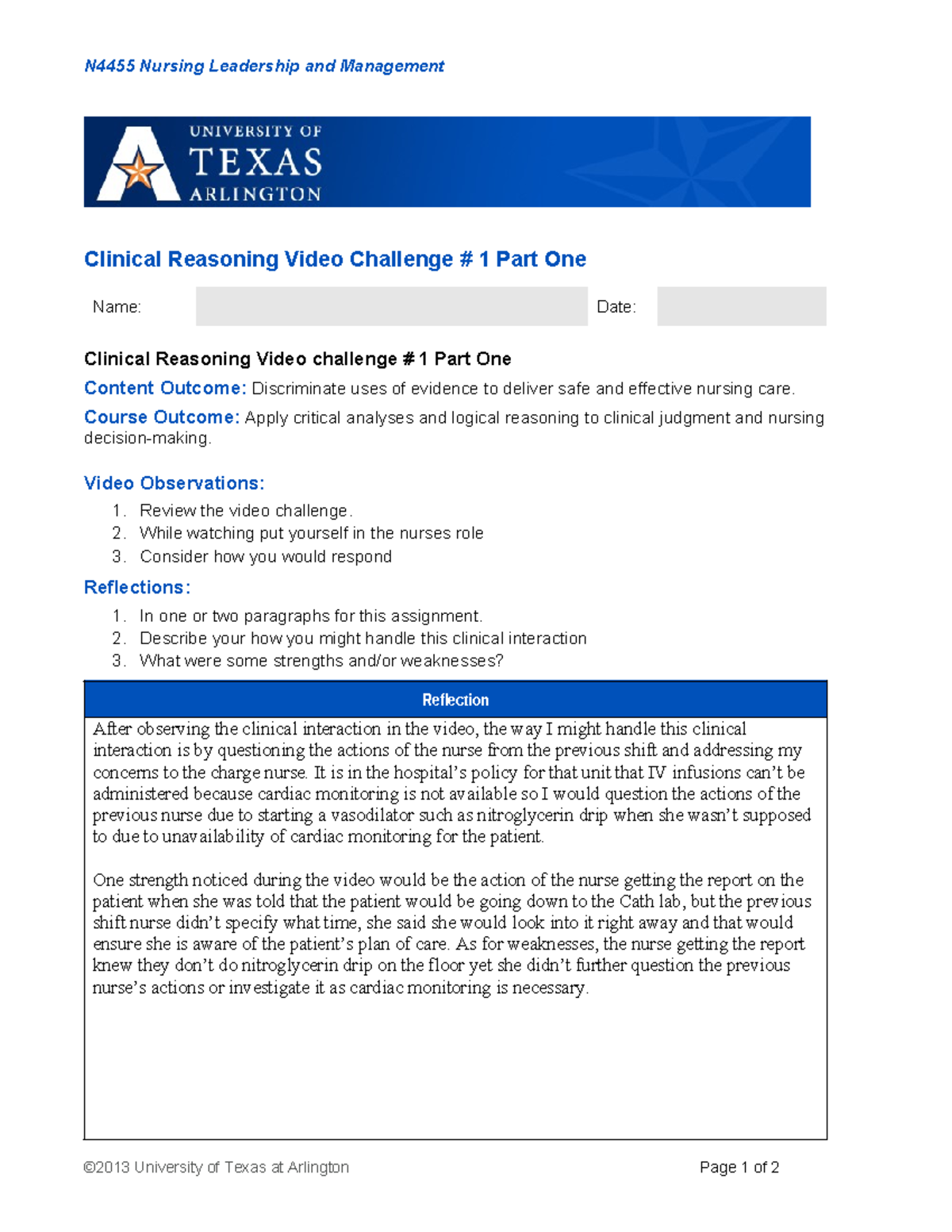 Clinical Reasoning Video Challenge 1-1 reflection - N4455 Nursing ...