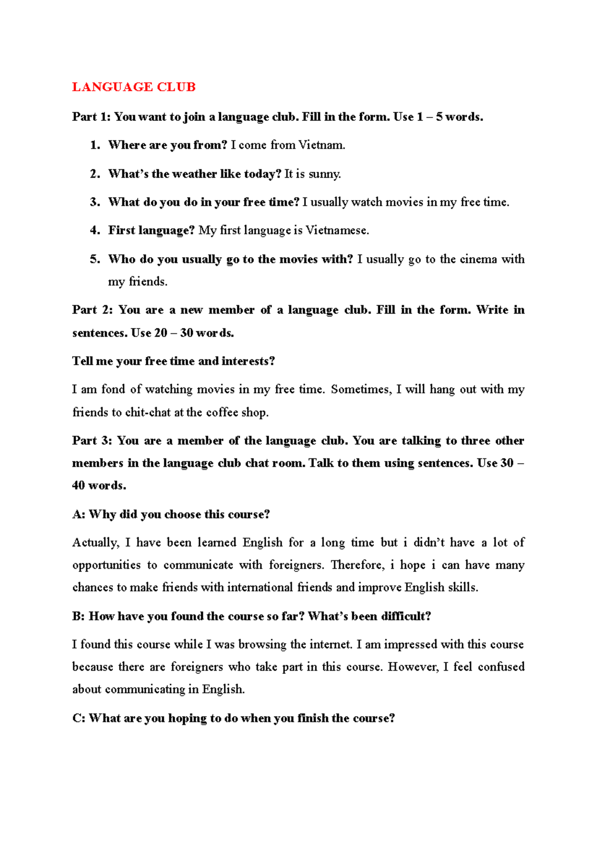 Language CLUB - CLUB - LANGUAGE CLUB Part 1: You want to join a ...