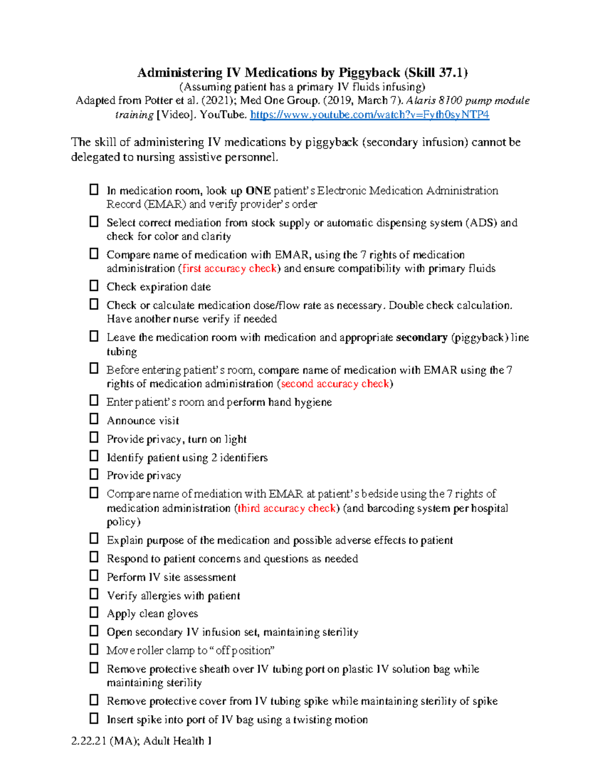 IV Piggy Back and Pump - 2.22 (MA); Adult Health I Administering IV ...