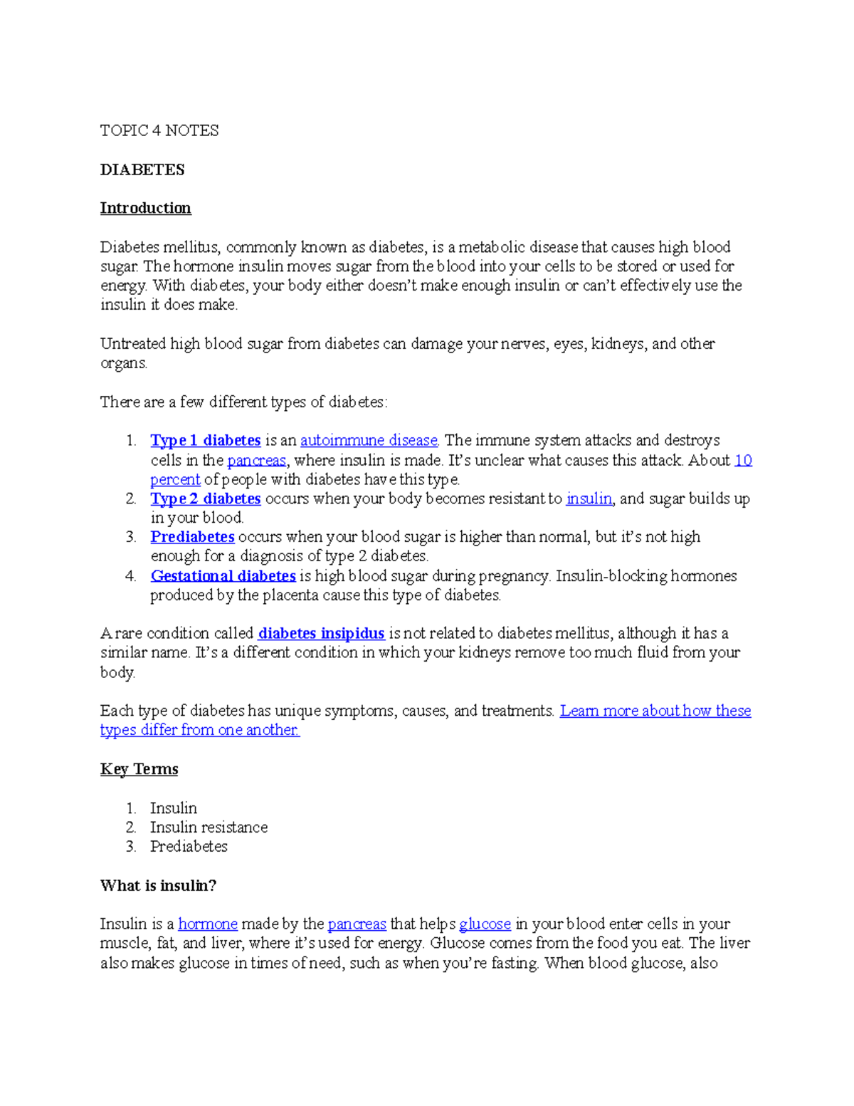 Health 4 - TOPIC 4 NOTES DIABETES Introduction Diabetes mellitus ...
