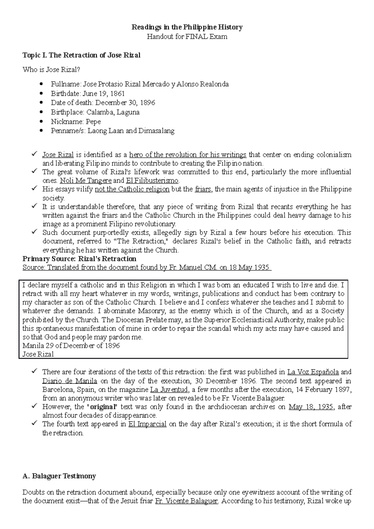 Topic I. The Retraction of Jose Rizal - Readings in the Philippine ...