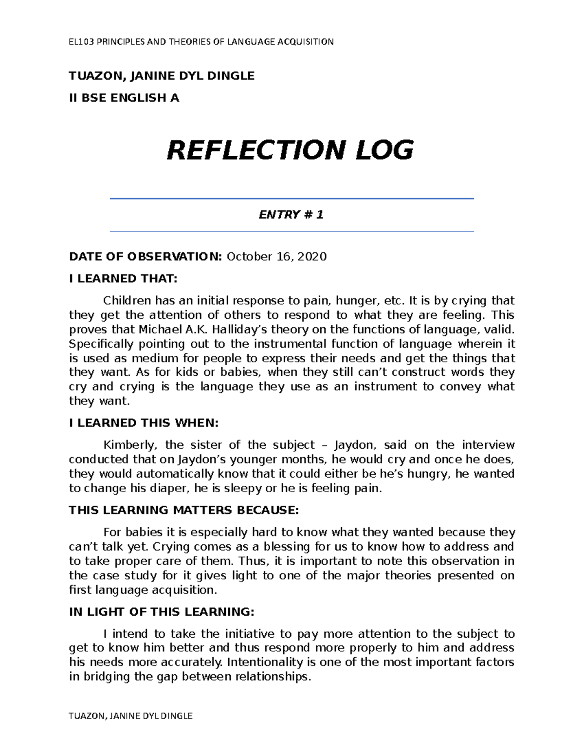 Tuazon Janine Dyl D-Reflection Log - BS. education - PangSU - Studocu