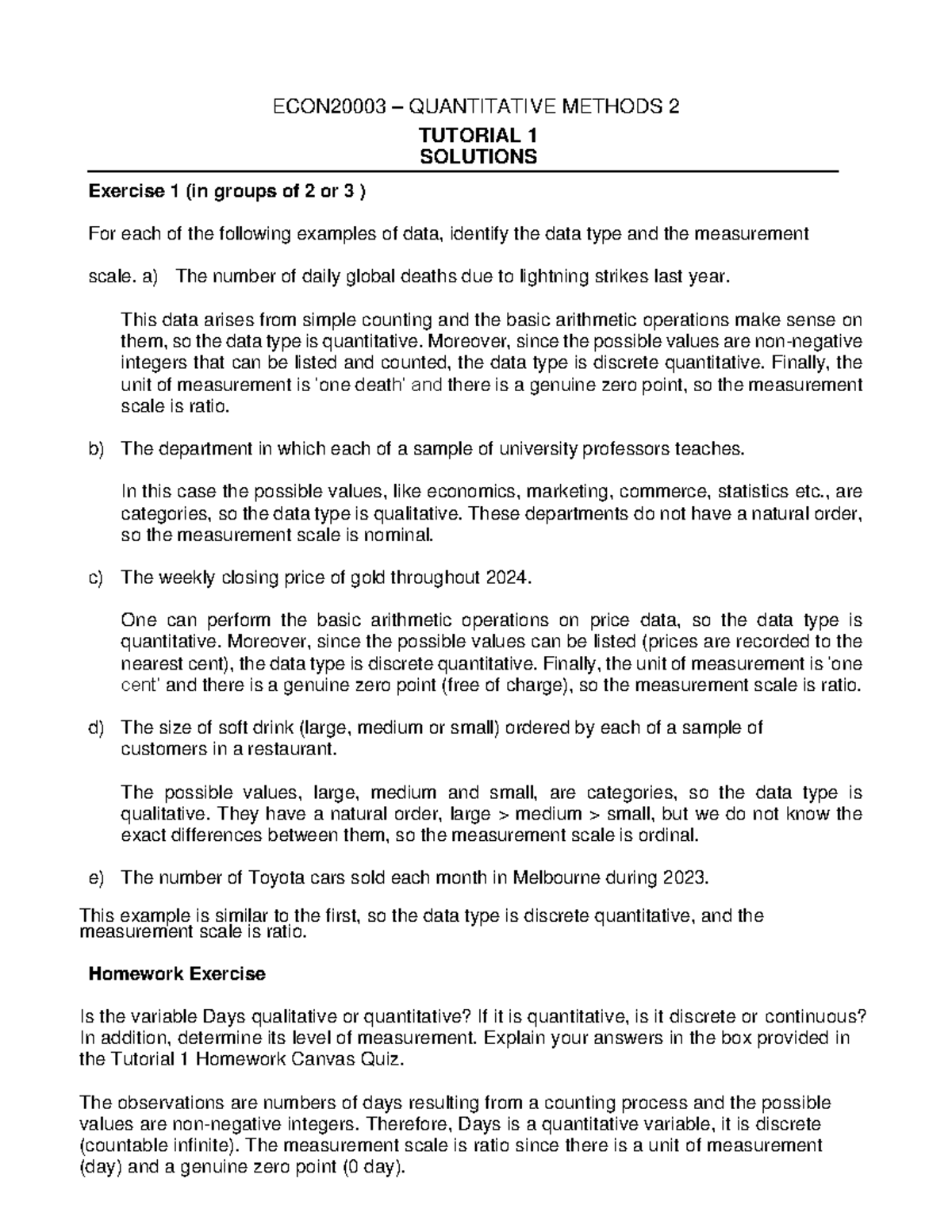 Qm2 Tutorial合集 Tutorial 合集 Econ2000 3 Quantitative Methods 2 Tutorial 1 Solutions Exercise