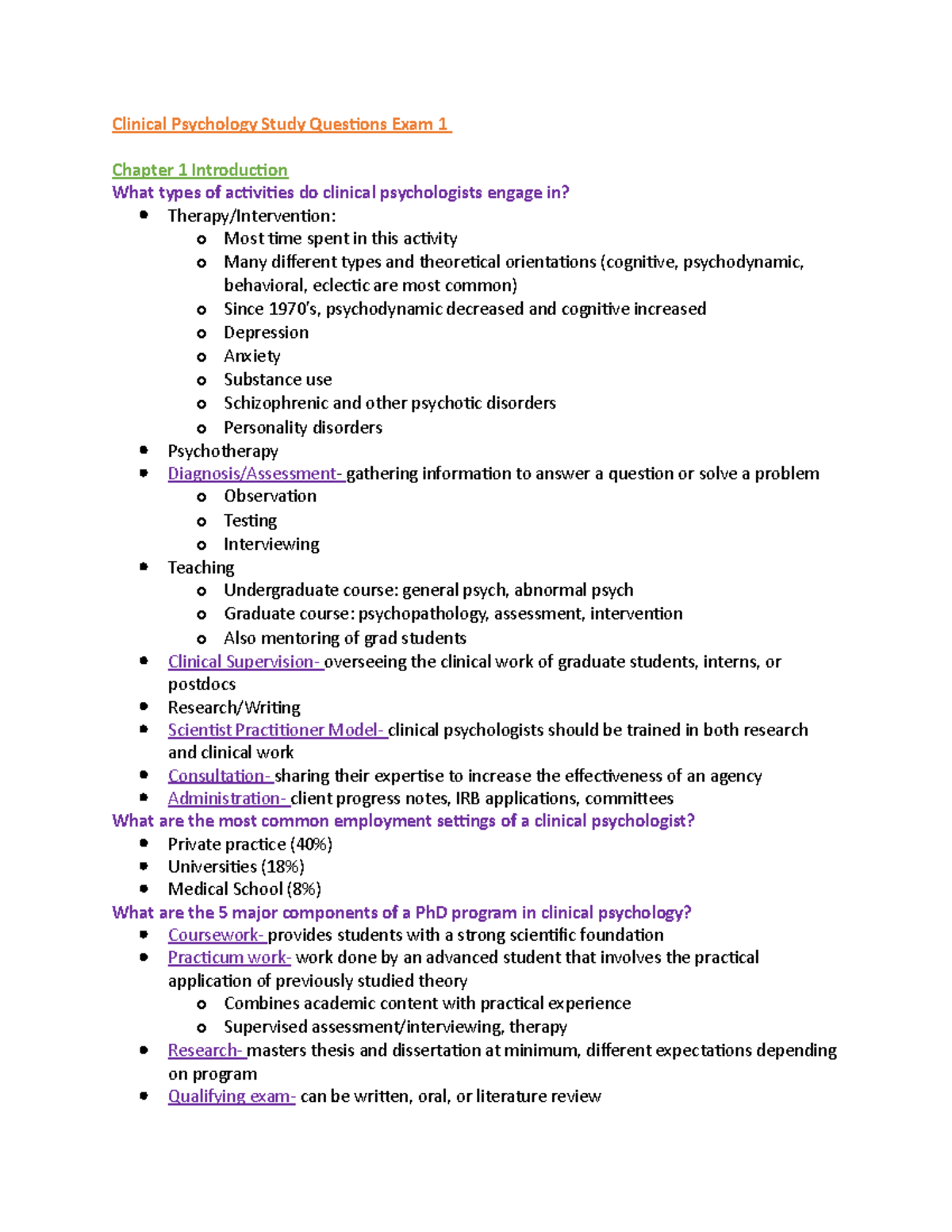 Clinical Psychology Study Questions Exam 1 - (includes special needs ...
