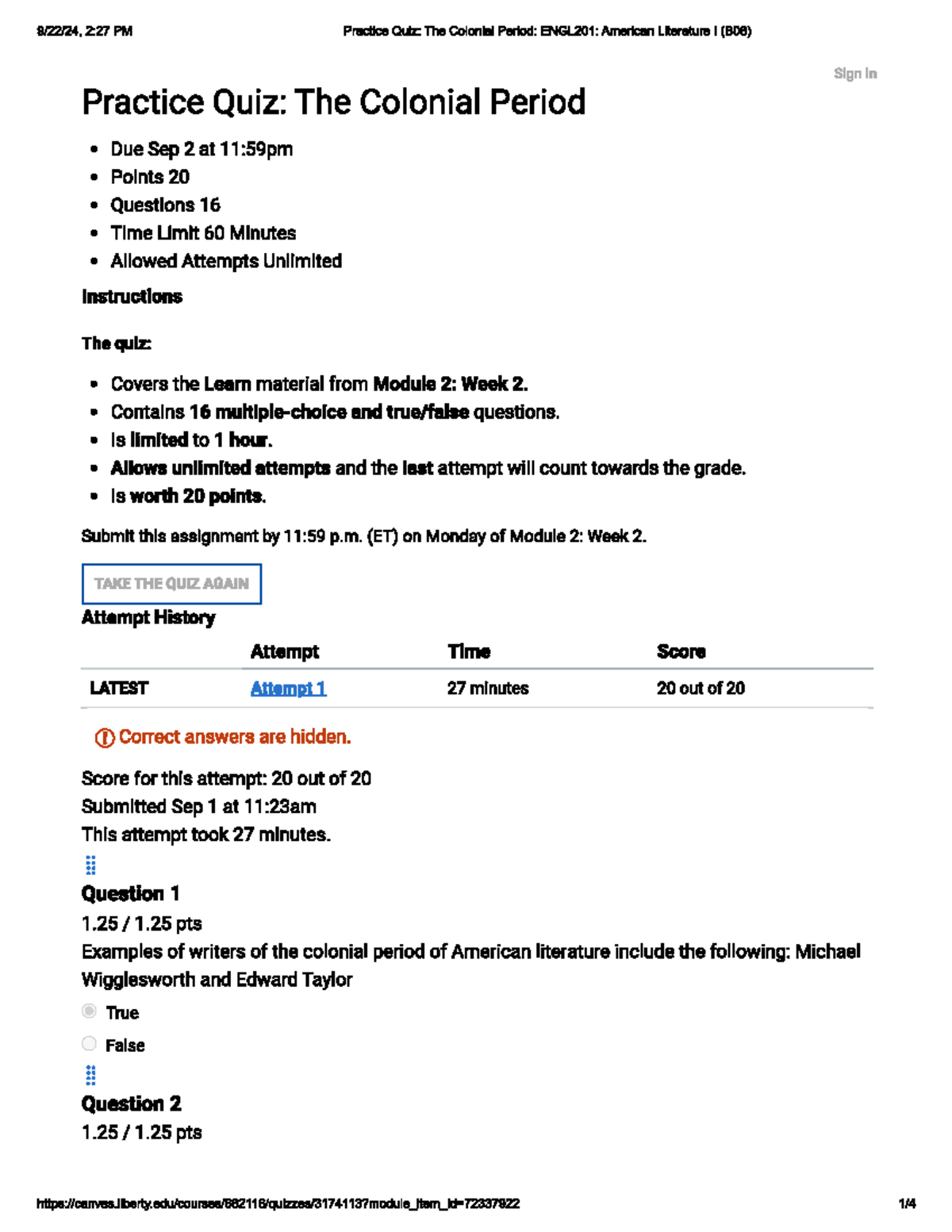 Engl201 - module 2 week 2 quiz - 2:27 PM Practice Quiz: The Colonial ...