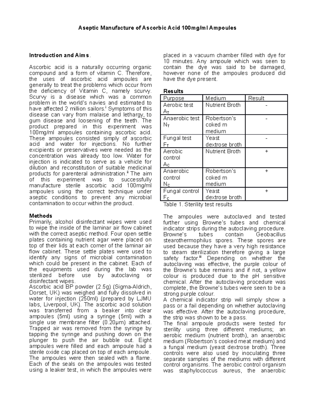 Aseptic Manufacture Formulation Project Report Form - Aseptic ...