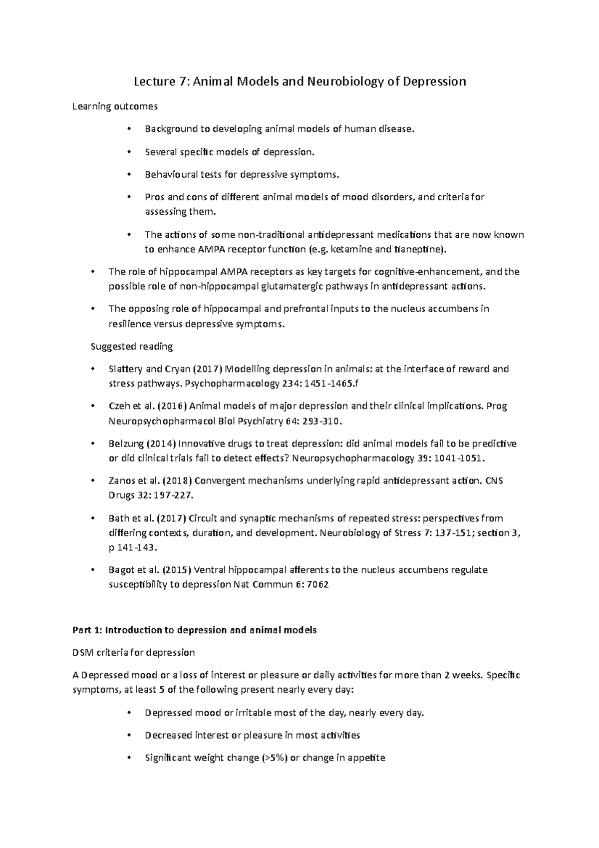 Depression in animal models - Lecture 7: Animal Models and Neurobiology ...