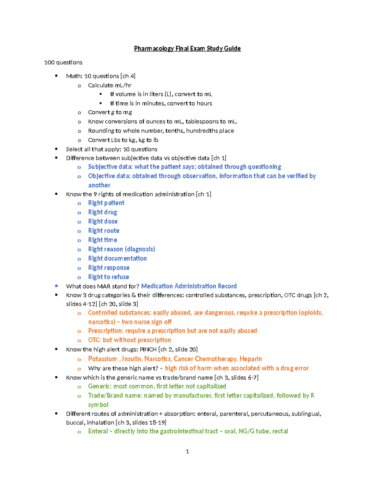 Pharm Final Study Guide - Pharmacology Final Exam Study Guide 100 questions Math: 10 questions ...