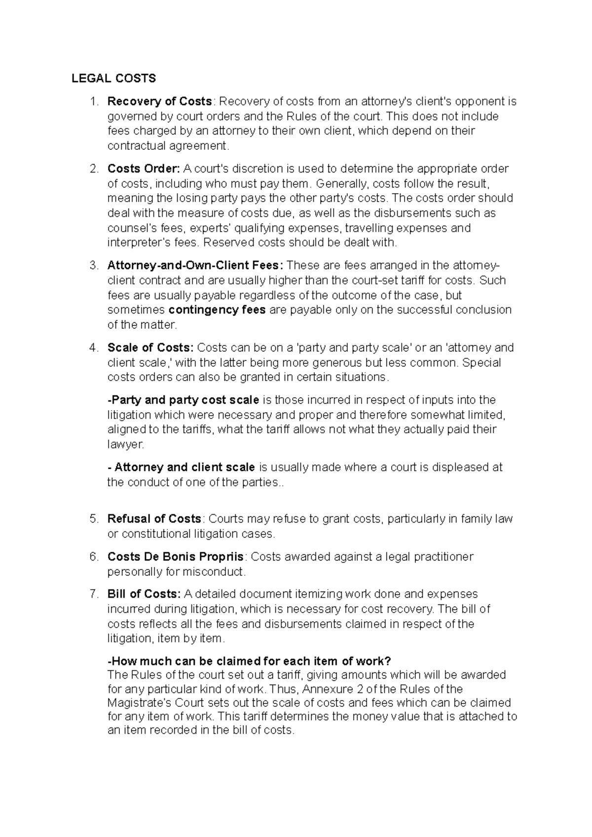 Legal costs - LEGAL COSTS Recovery of Costs: Recovery of costs from an ...