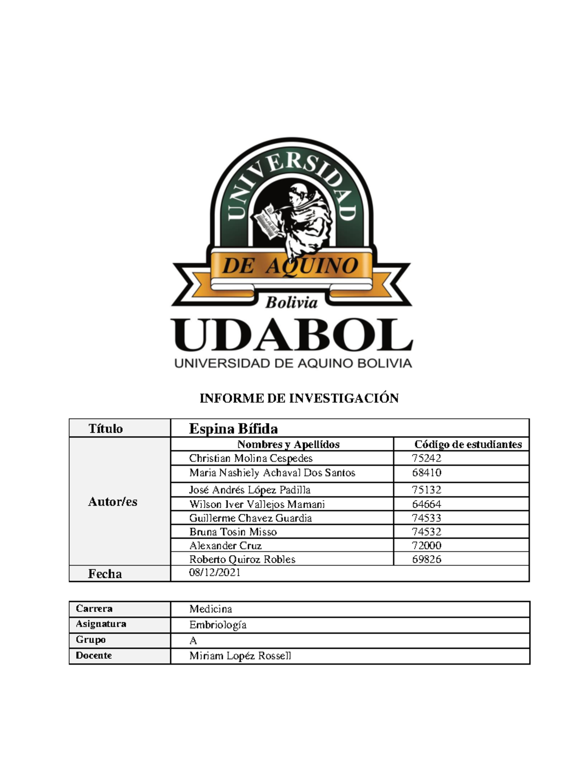 Monografia Espina Bifida - INFORME DE INVESTIGACIÓN Título Espina Bífida Autor/es Nombres y ...
