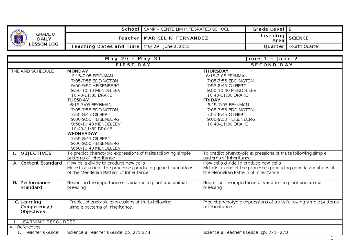 MRF MAY 29-JUNE2 - GRADE 8 DAILY LESSON LOG Scho o l CAMP VICENTE LIM ...