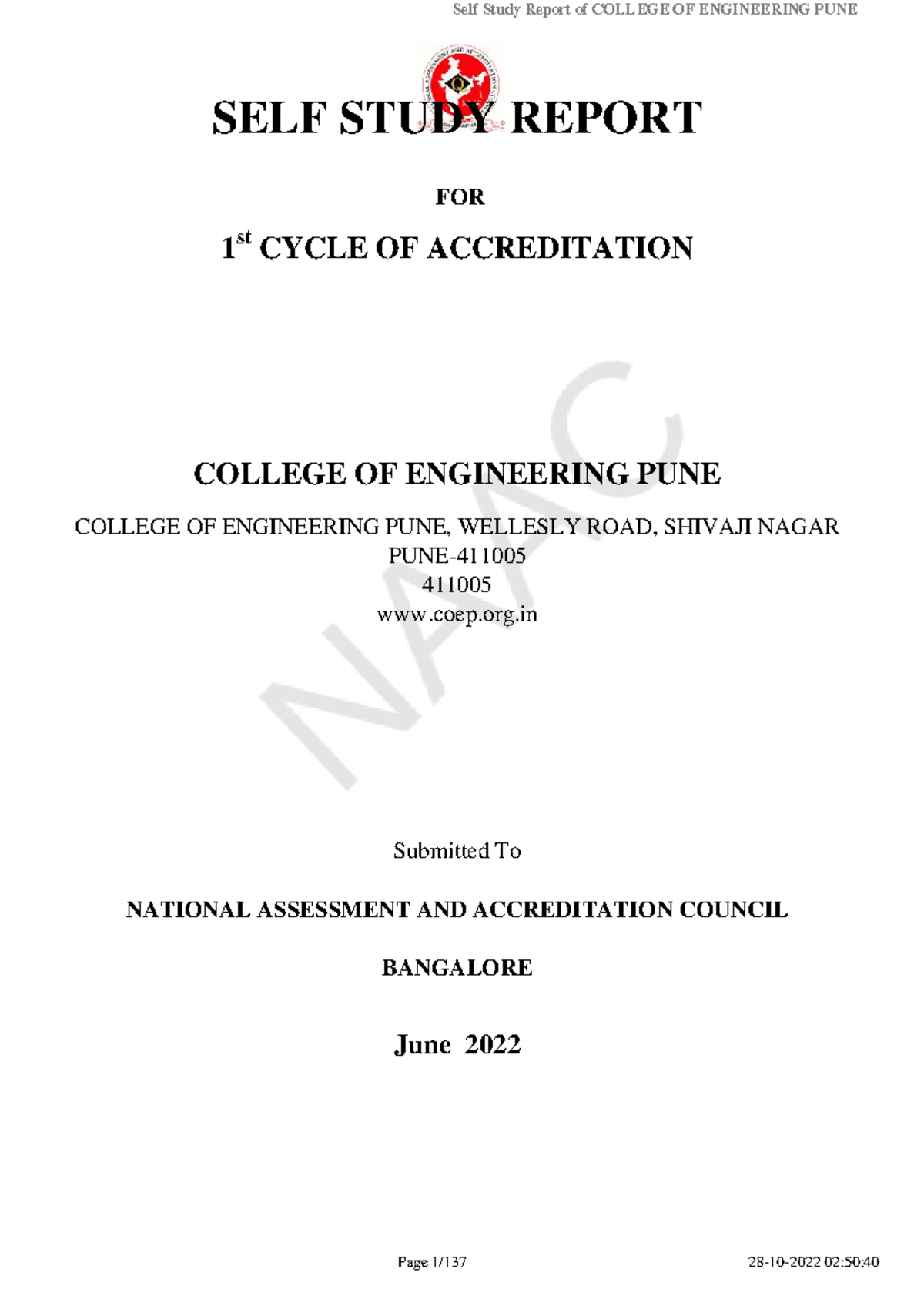 SSR COEP - PDF it is - SELF STUDY REPORT FOR 1 st CYCLE OF ACCREDITATION COLLEGE OF ENGINEERING ...
