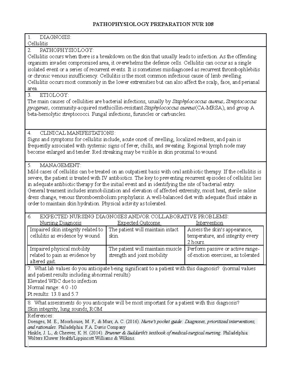 Pathology Sheet Cellulities - PATHOPHYSIOLOGY PREPARATION NUR 108 1 ...