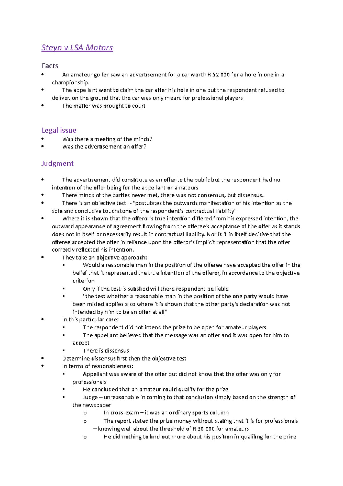 Steyn v LSA Motors - Case Summary on the necessary things for contract ...