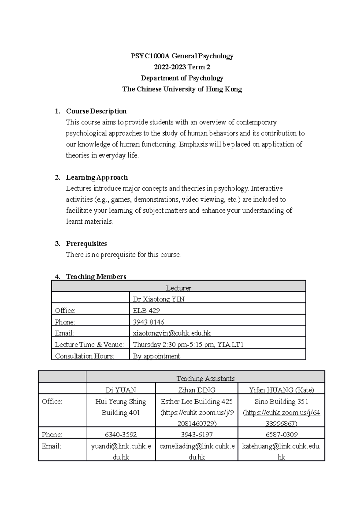PSYC1000 B General Psychology Course Outline - PSYC1000A General ...