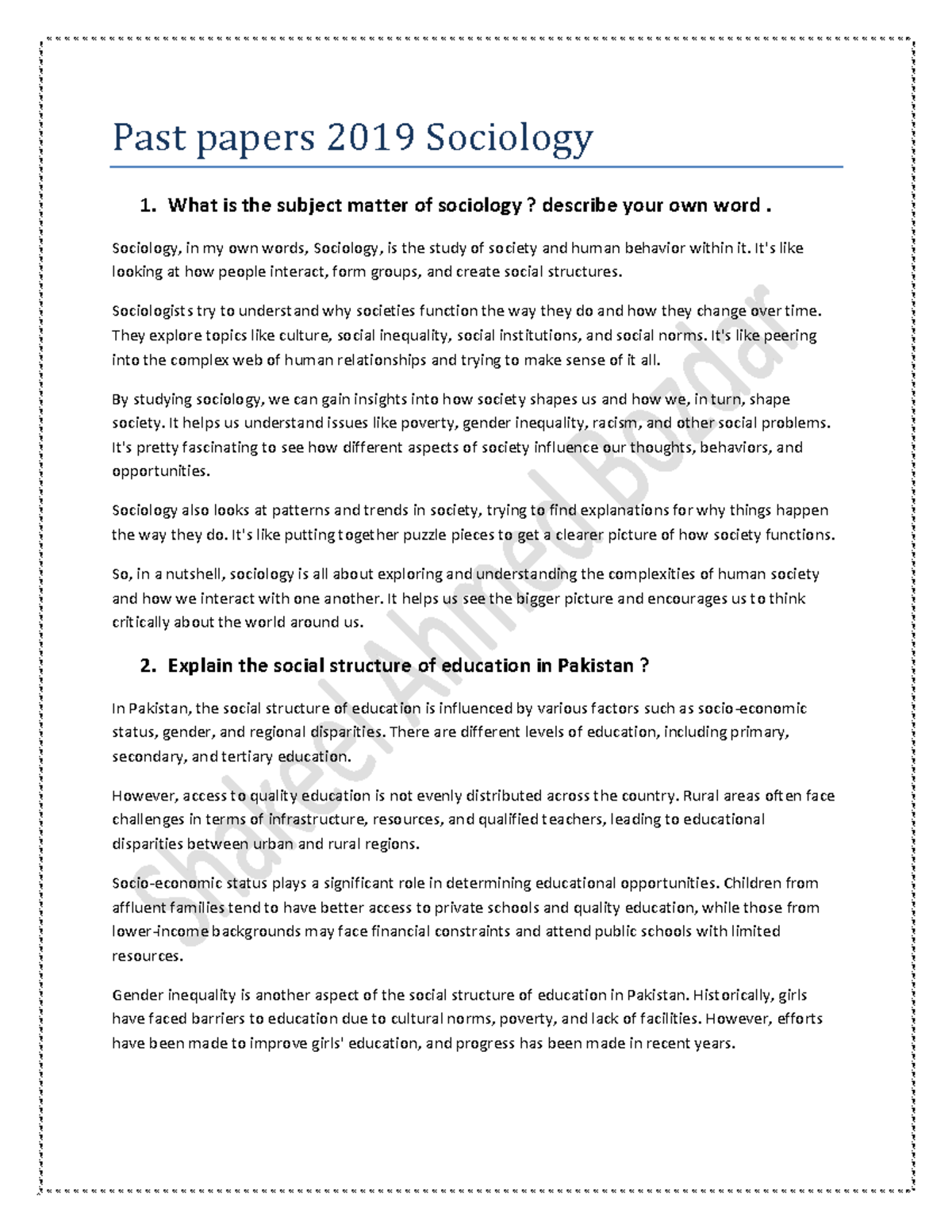 Solved Past papers 2019 Sociology - Past papers 2019 Sociology 1. What ...