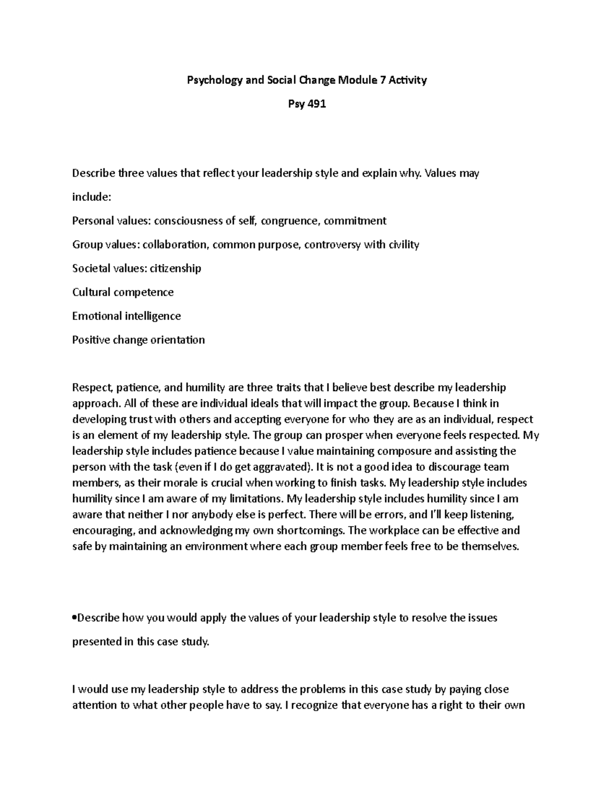 Psychology and Social Change Module 7 Activity psy 491 - Values may ...