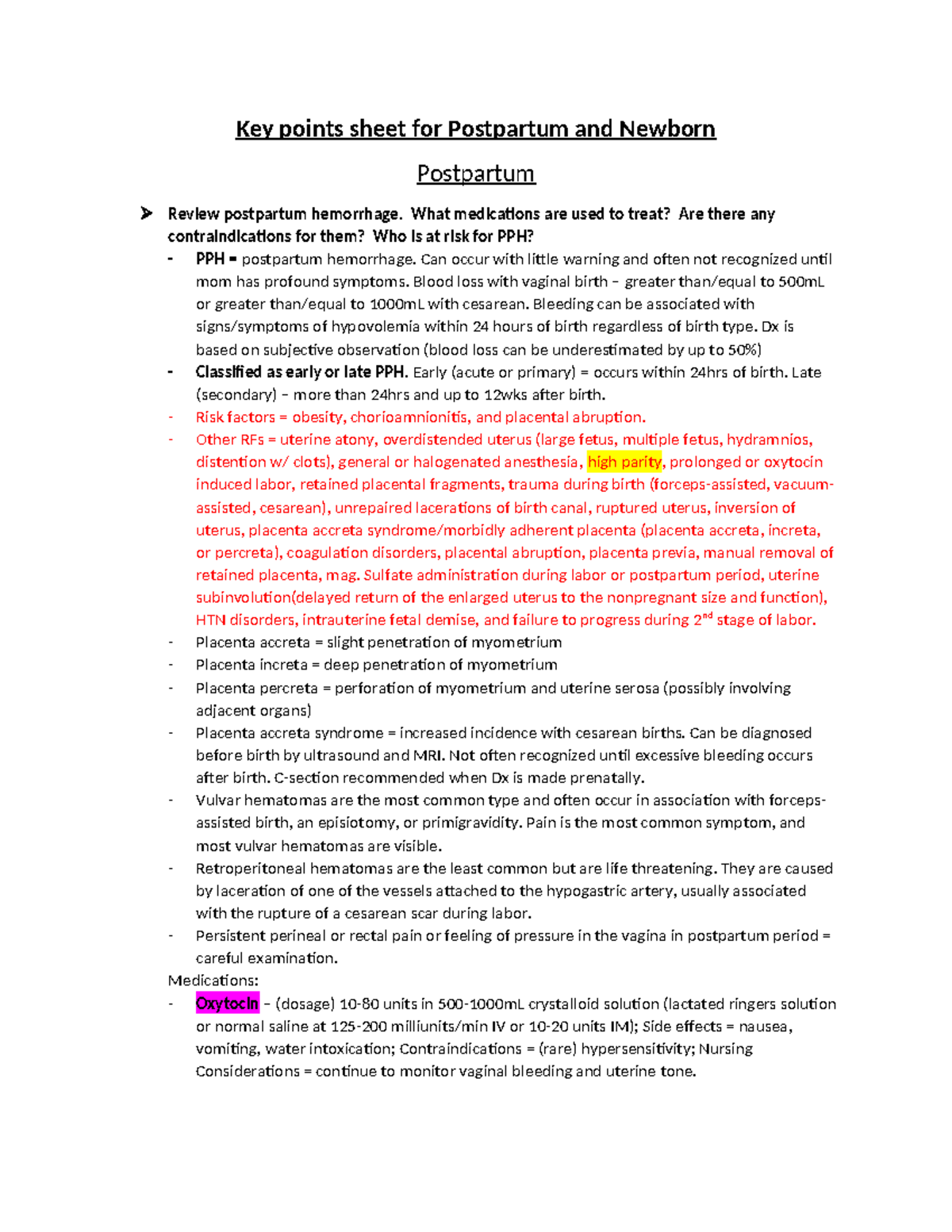 Key points sheet for Postpartum and Newborn NUR 11206 - Key points ...