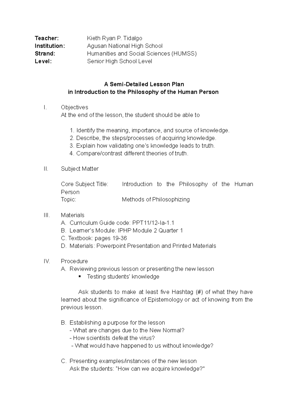 Philo-DLP Week2-rev-1 - Teacher: Kieth Ryan P. Tidalgo Institution ...