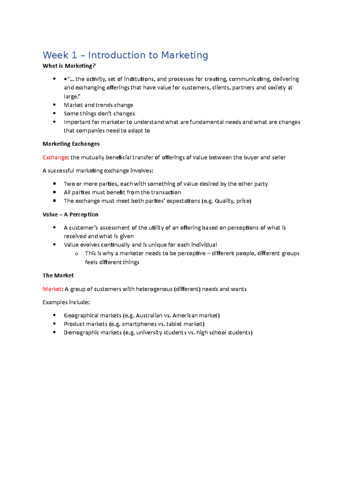 Marketing Week 1 - Week 1 – Introduction to Marketing What is Marketing ...