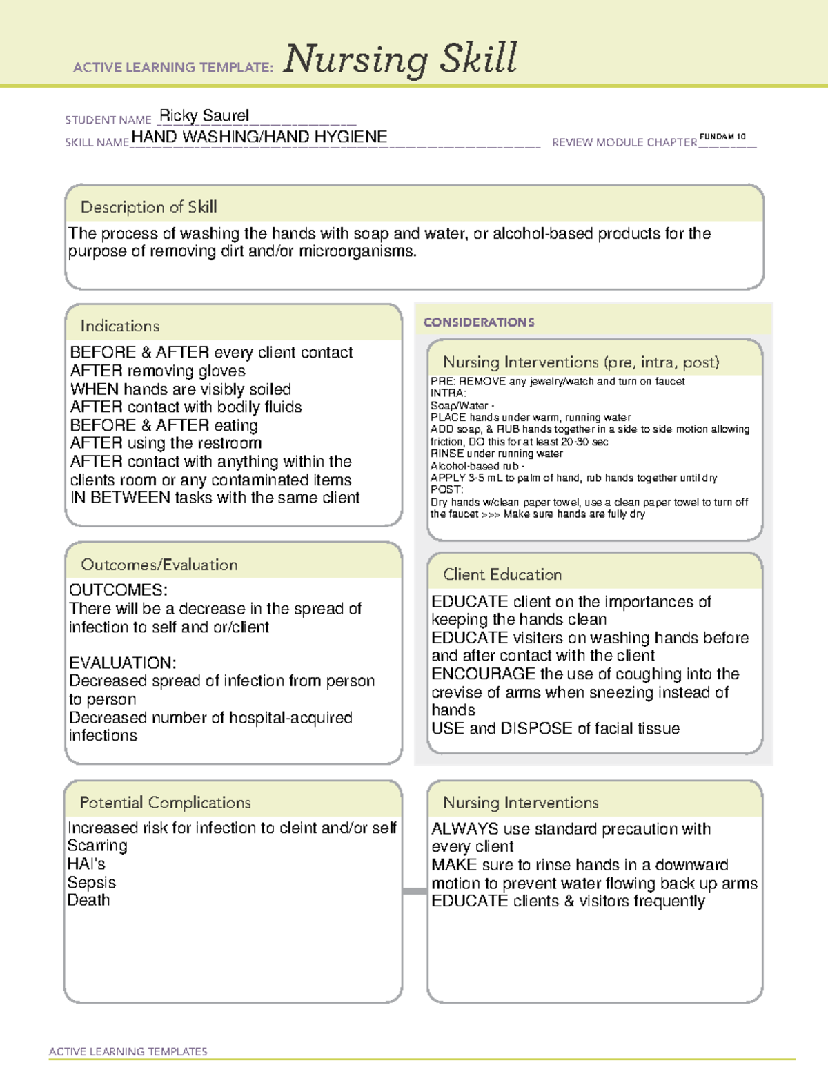 ATI Handwashing Template - Skills for Handwashing with Detailed Notes ...