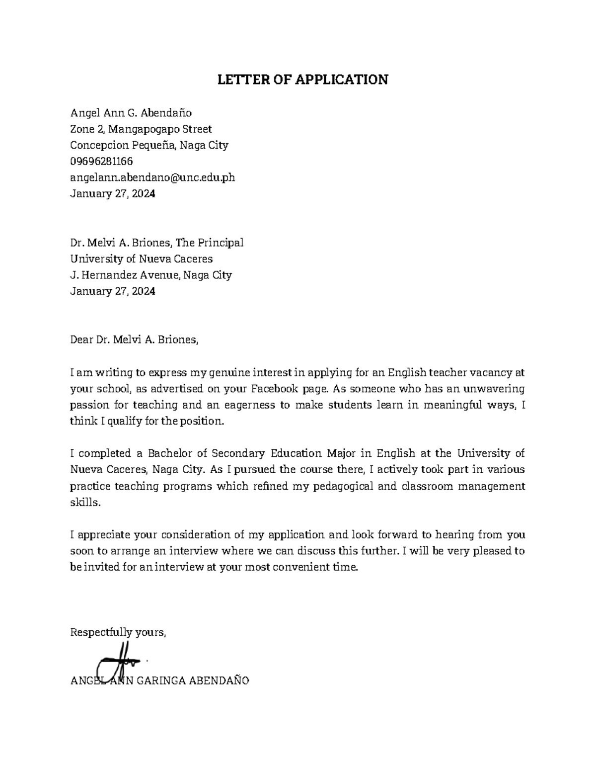 Application Letter Class 2 W1 Sc Sem - LETTER OF APPLICATION Angel Ann ...