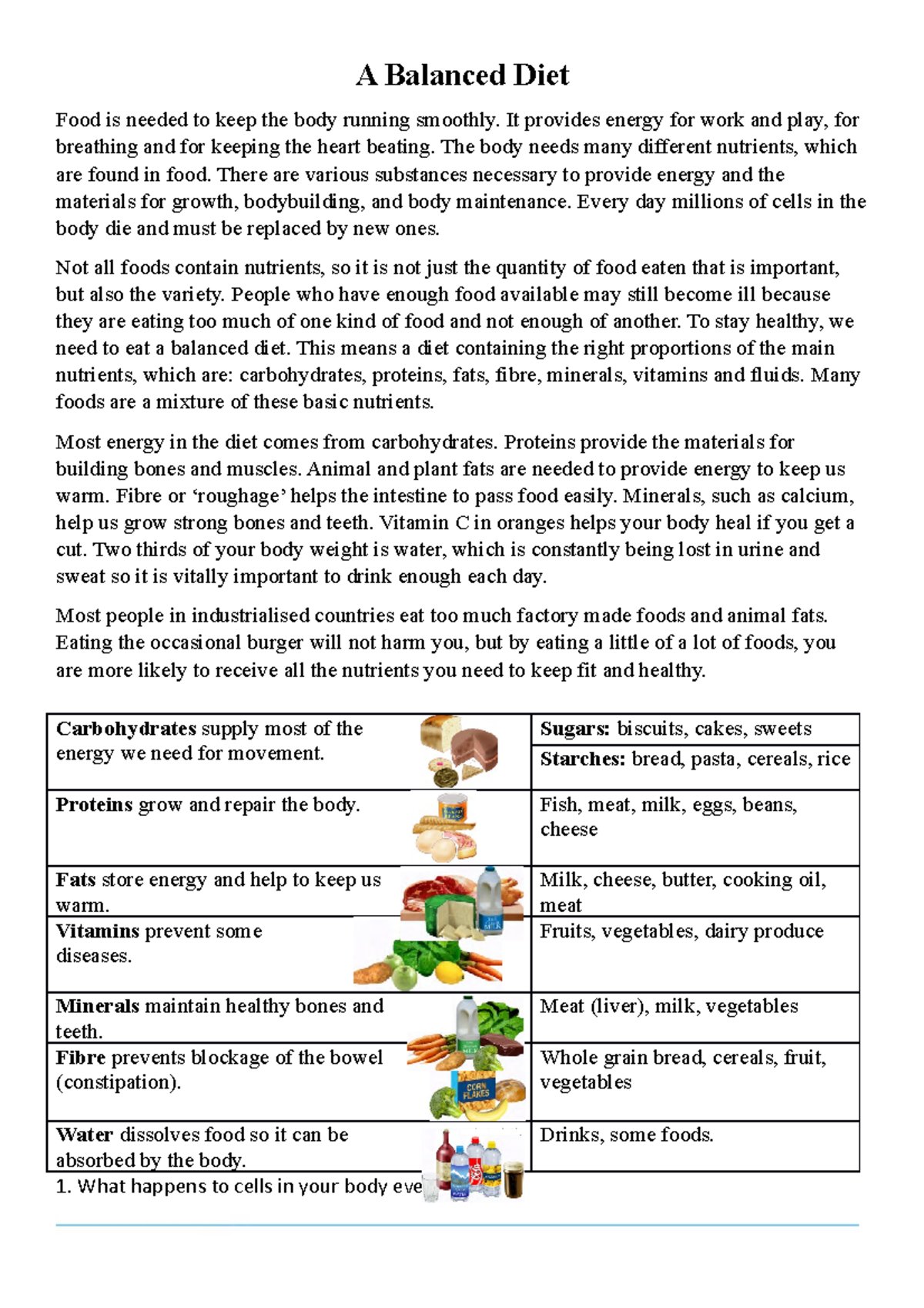 A Balanced Diet - Comprehension - A Balanced Diet Food is needed to ...