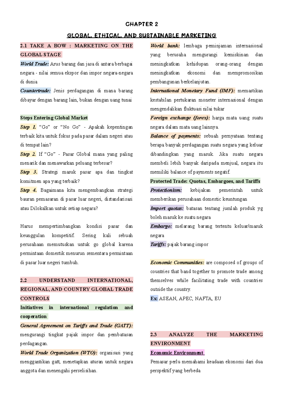 Resume - Global, Ethical, and Sustainble Marketing - CHAPTER 2 GLOBAL ...