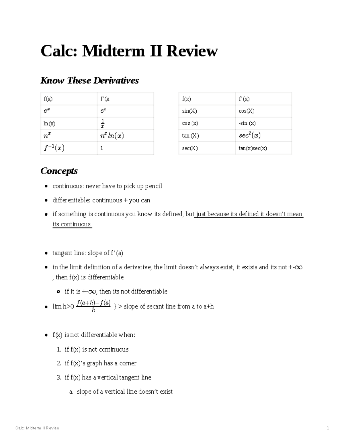 Midterm2Calcreview - Calc: Midterm II Review Know These Derivatives f(x ...