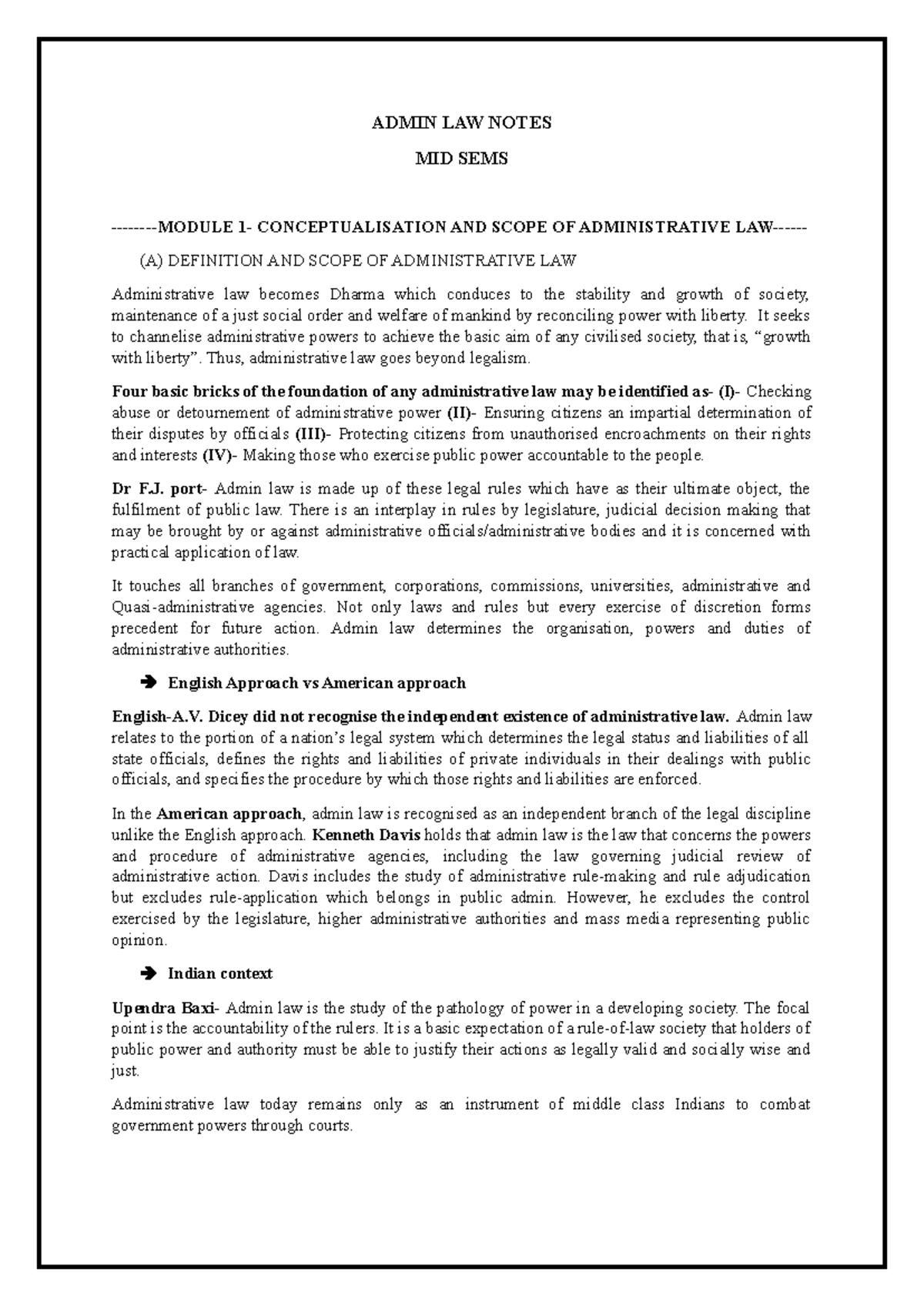 Admin LAW Notes - ADMIN LAW NOTES MID SEMS -MODULE 1- CONCEPTUALISATION ...