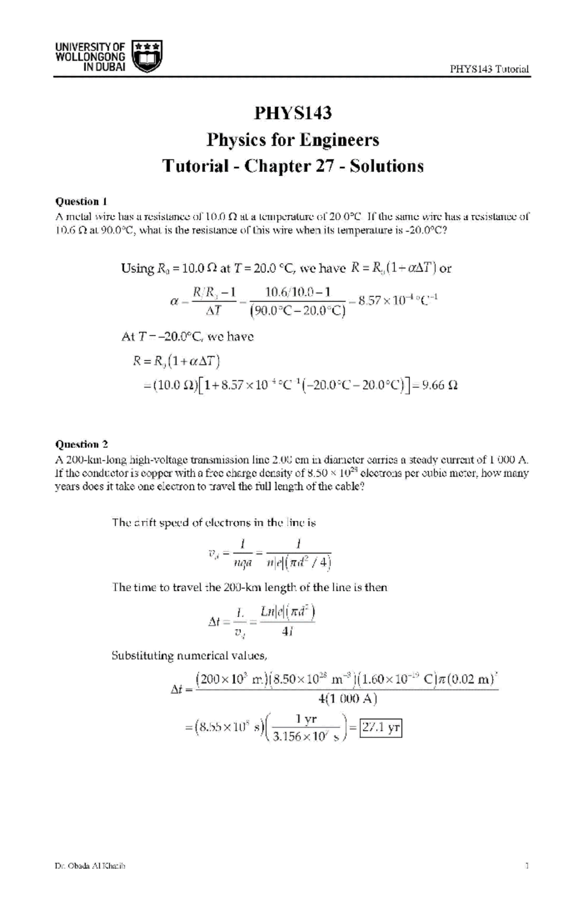 PHYS143 Tutorial- CH27-Solution - Physics for Engineers - Studocu