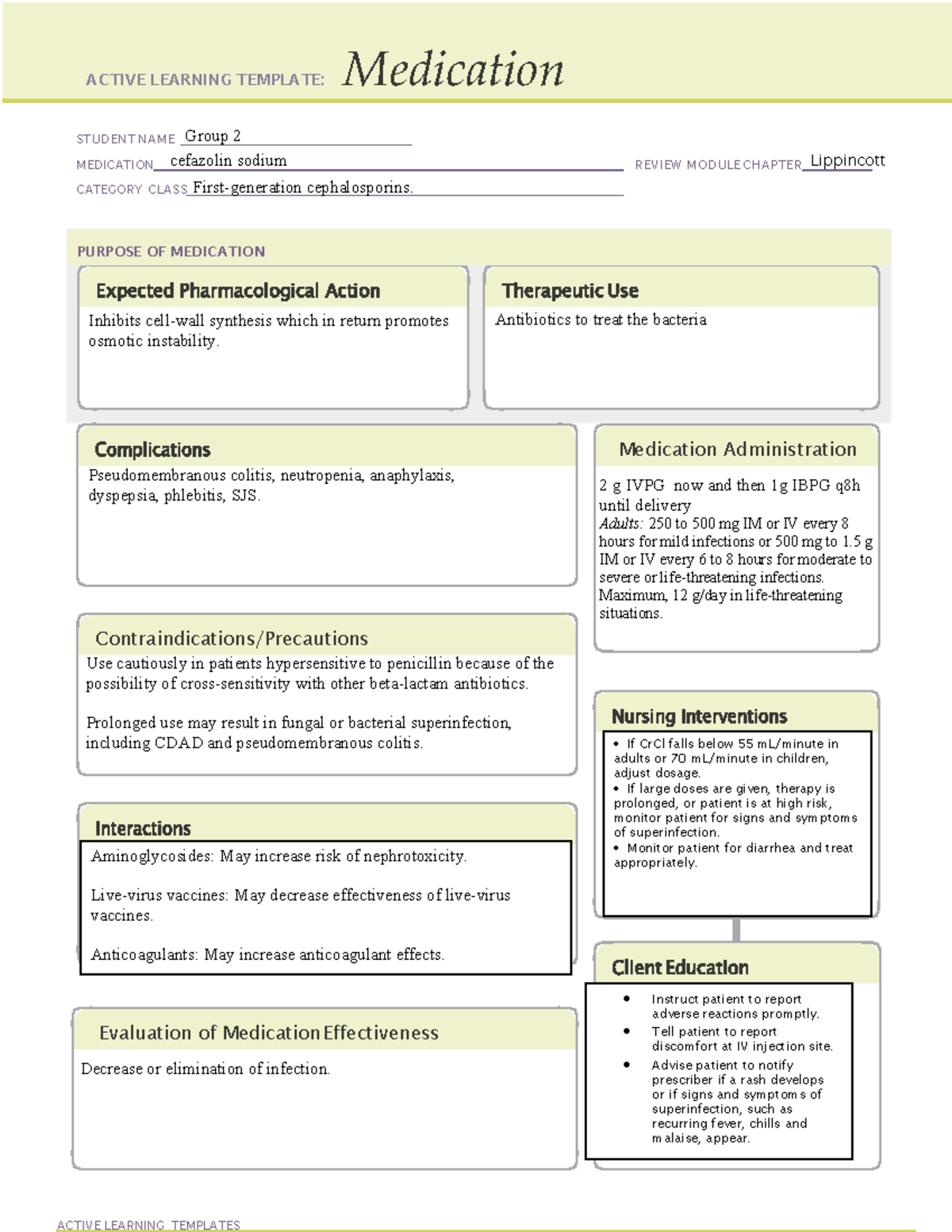 ATI Medication- Cefazolin - ACTIVE LEARNING TEMPLATE: Medication ...