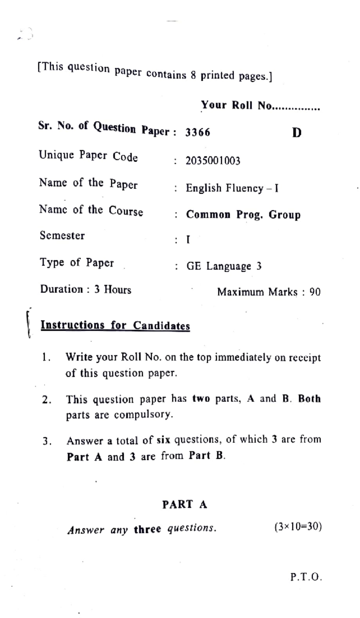 English Fluency pyq - Question paper 2nd semester ba programs - [This ...