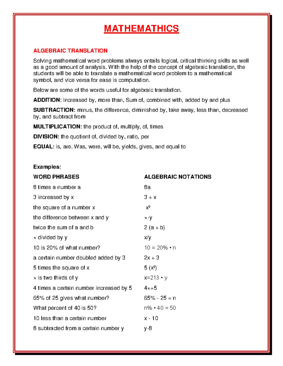 Mathemathics - NONE - MATHEMATHICS ALGEBRAIC TRANSLATION Solving ...
