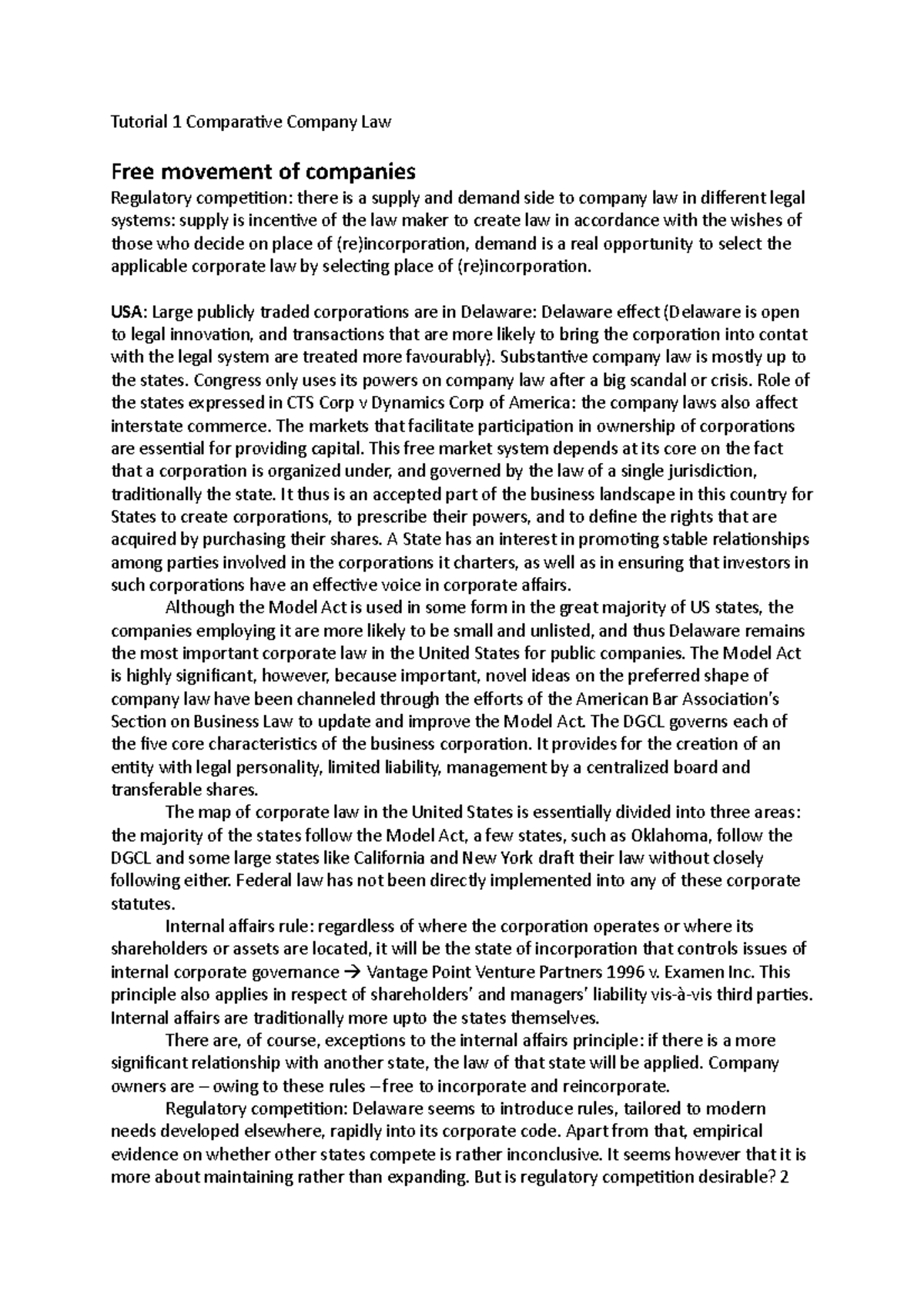 Tutorial 1 Comparative Company Law - USA: Large publicly traded corporations are in Delaware ...