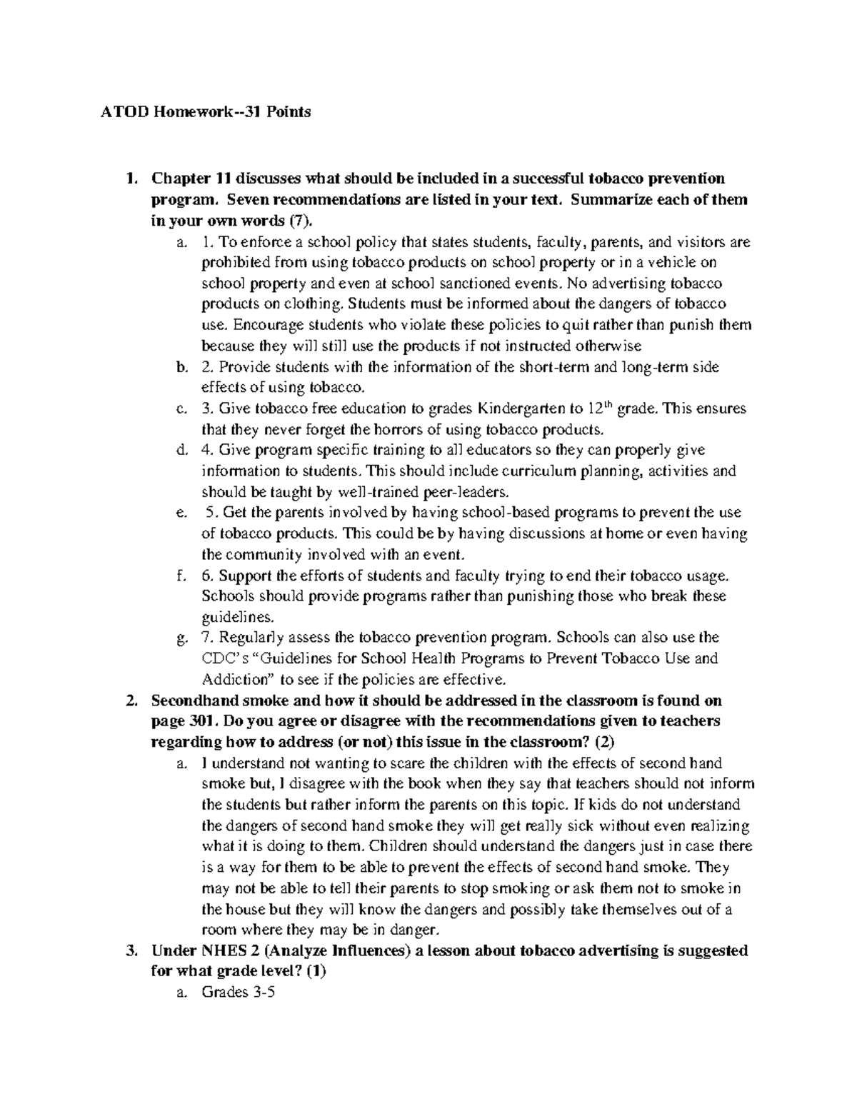 ATOD HW HPE 267 - Alcohol and other drugs - ATOD Homework-31 Points ...