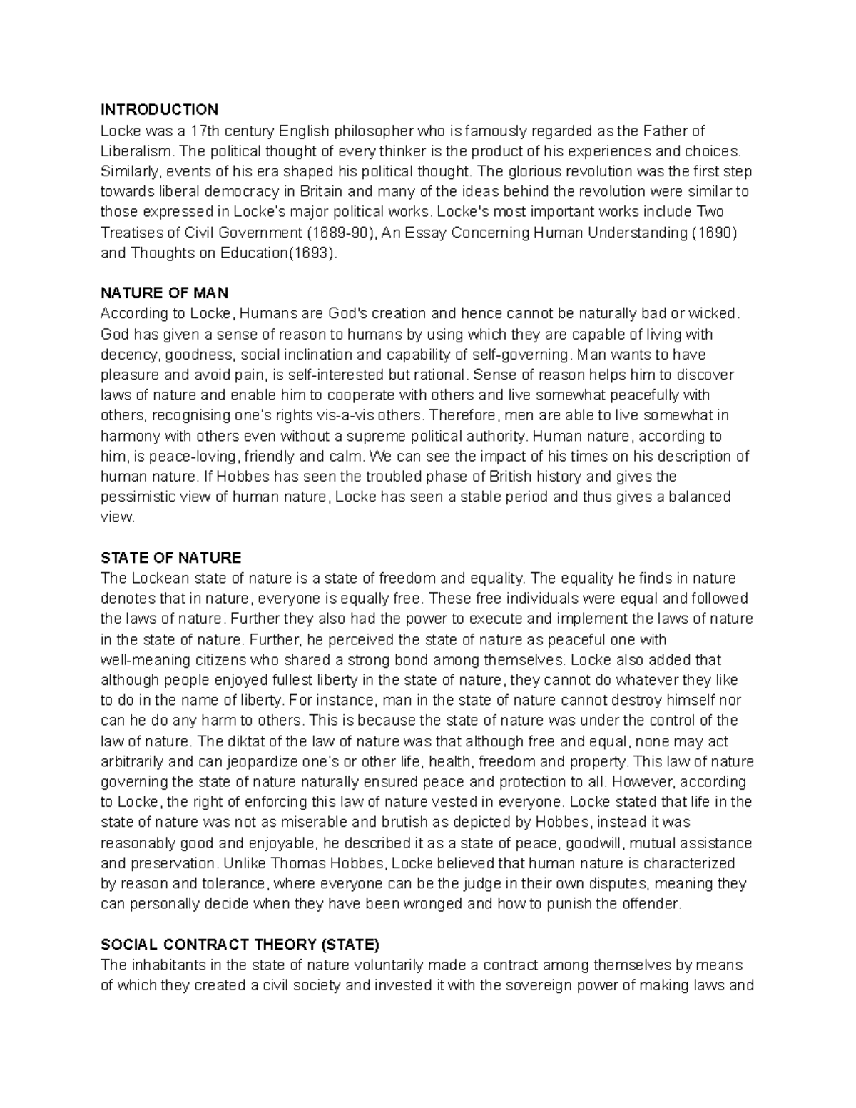 Locke: natural rights and property - INTRODUCTION Locke was a 17th ...