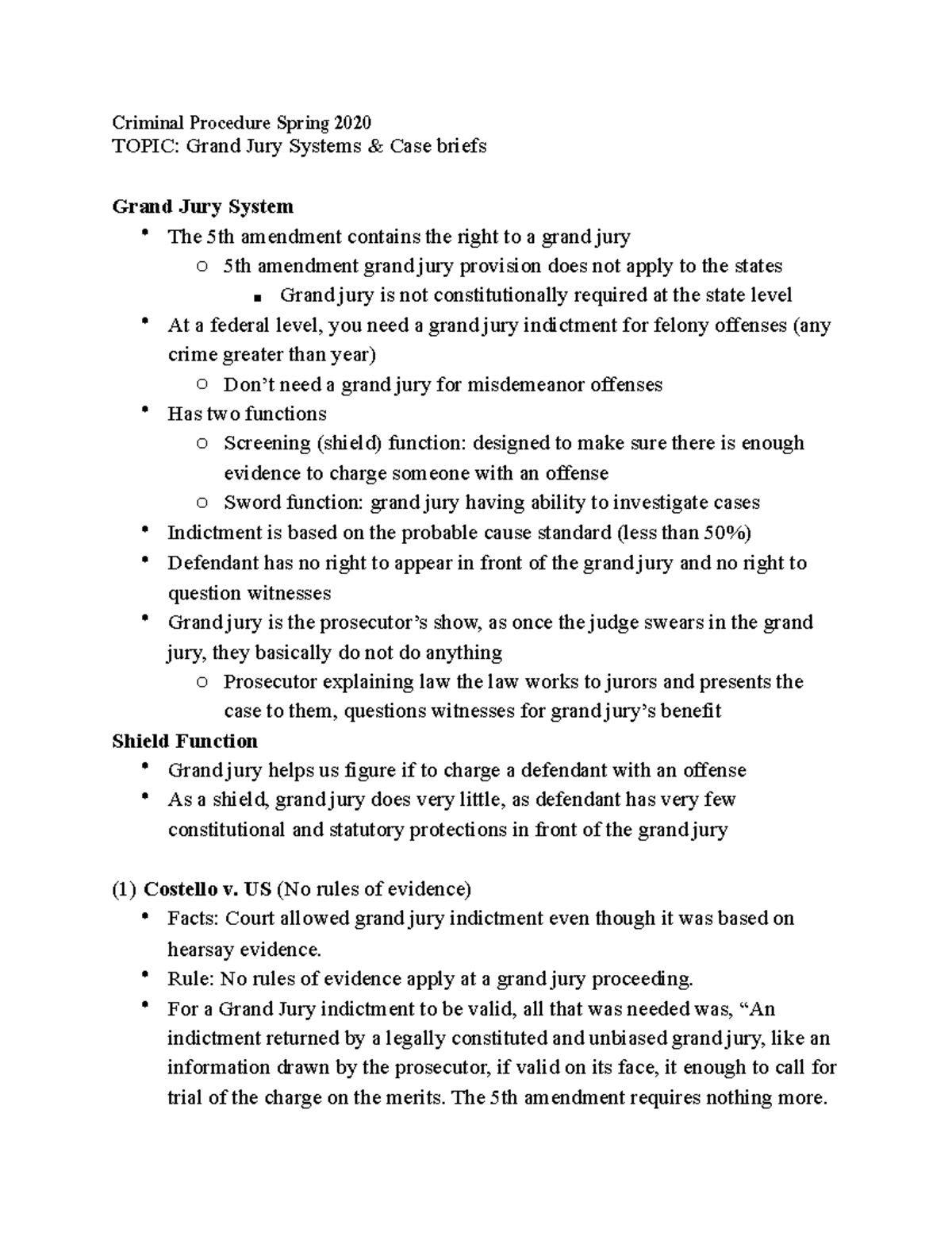 Grand Jury Systems & Case briefs - Criminal Procedure Spring 2020 TOPIC ...