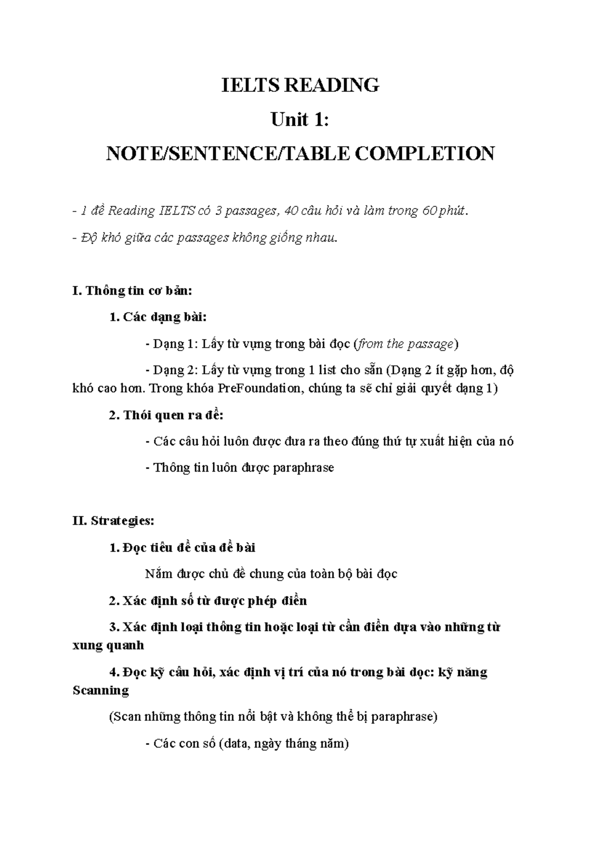 Reading - Unit 1 - with answers - IELTS READING Unit 1: NOTE/SENTENCE ...