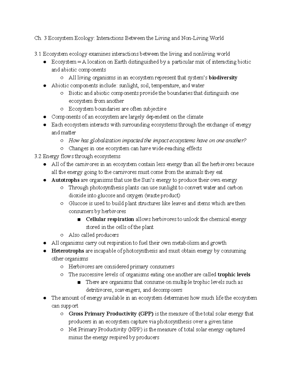 Ch. 3 Outline - Ch. 3 Ecosystem Ecology: Interactions Between the ...