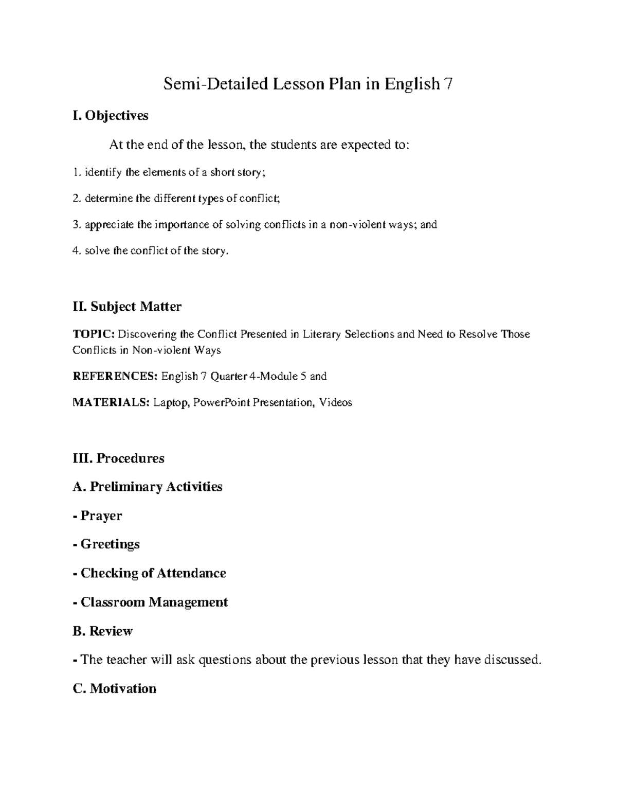 Detailed Lesson Plan in English 7 Draft - Semi-Detailed Lesson Plan in ...
