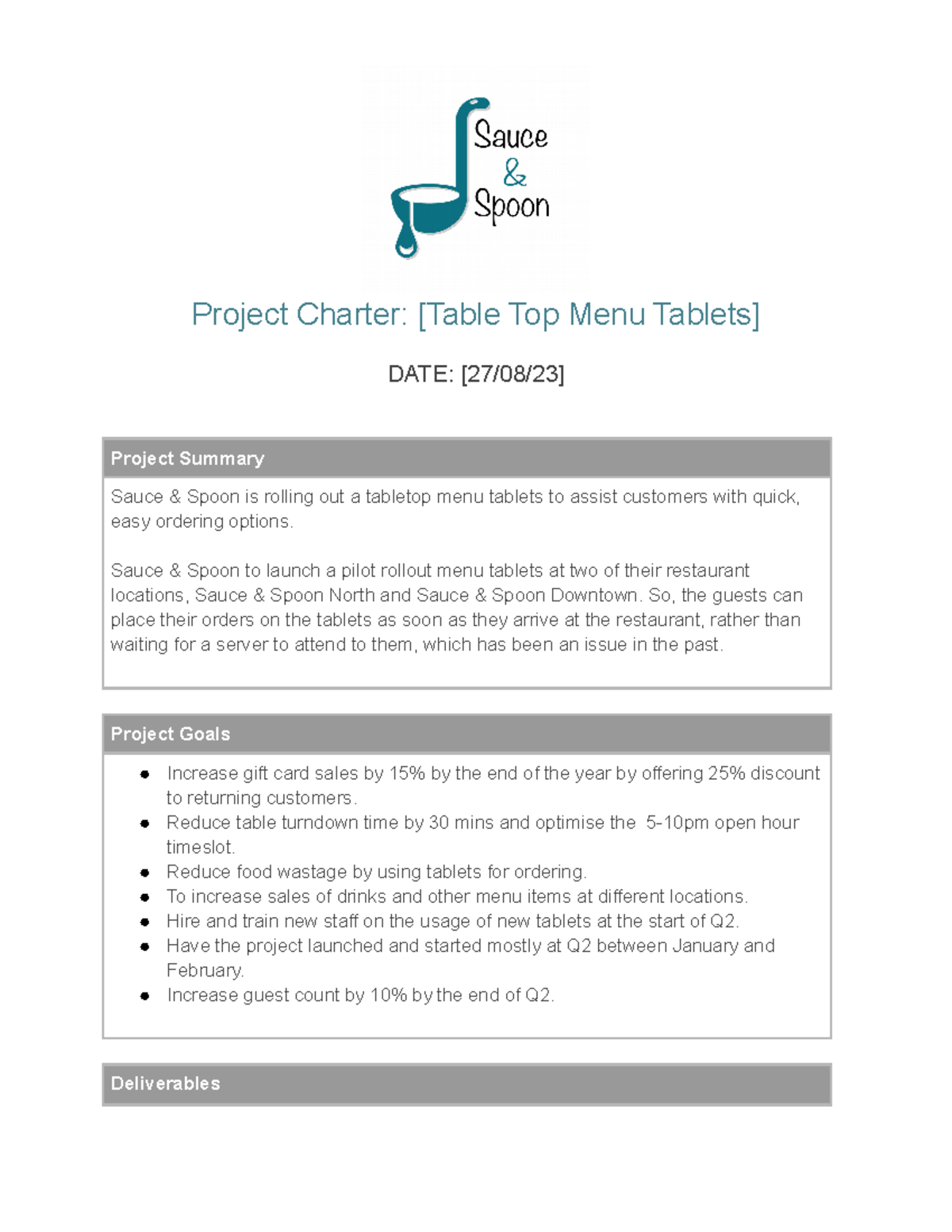 Activity Template Project Charter - Project Charter: [Table Top Menu ...
