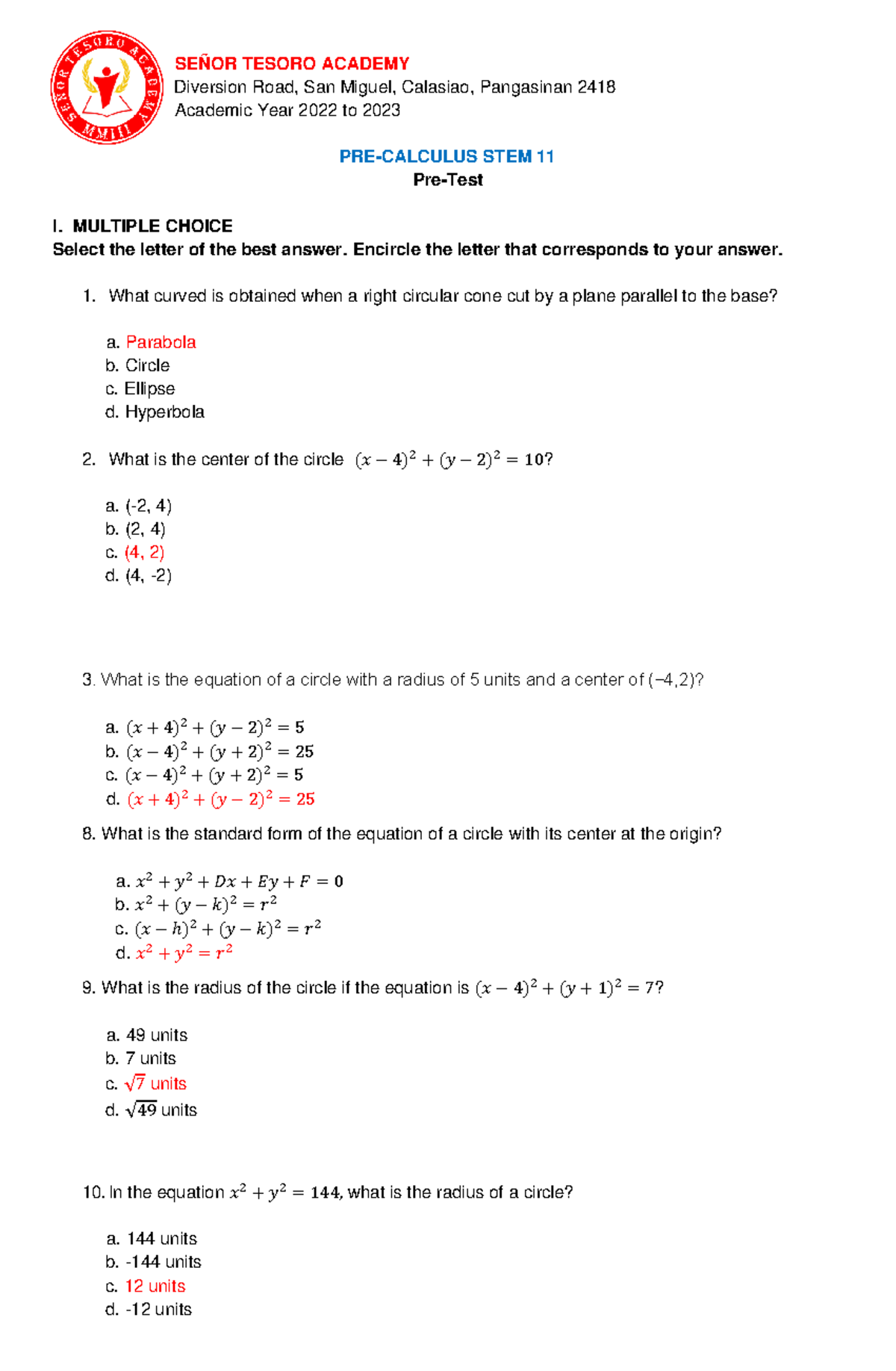 Review-Precal - math - SEÑOR TESORO ACADEMY Diversion Road, San Miguel ...