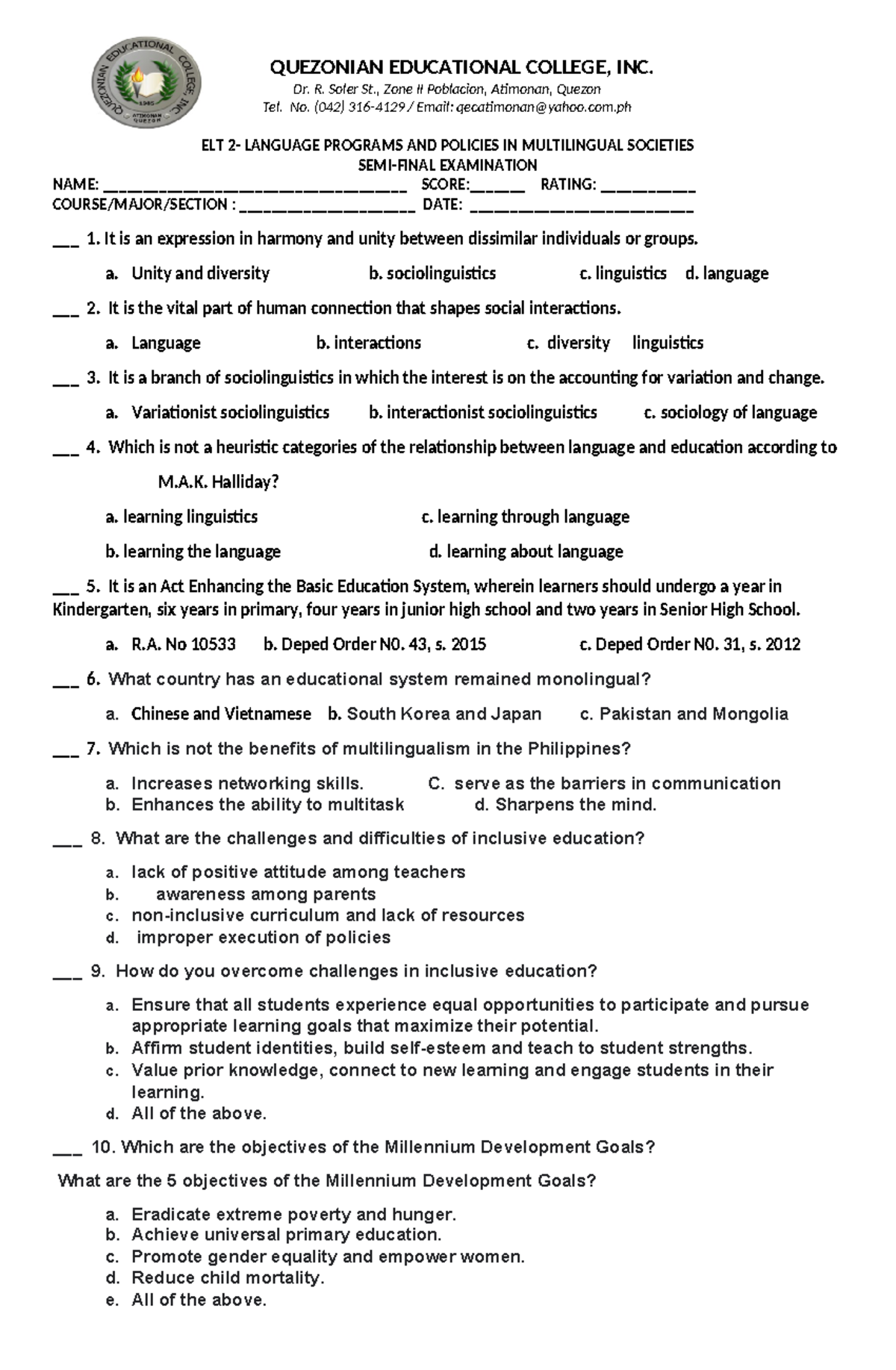 ELT 2 SEMI Final EXAM - Possible examination for ELT 2 - QUEZONIAN ...