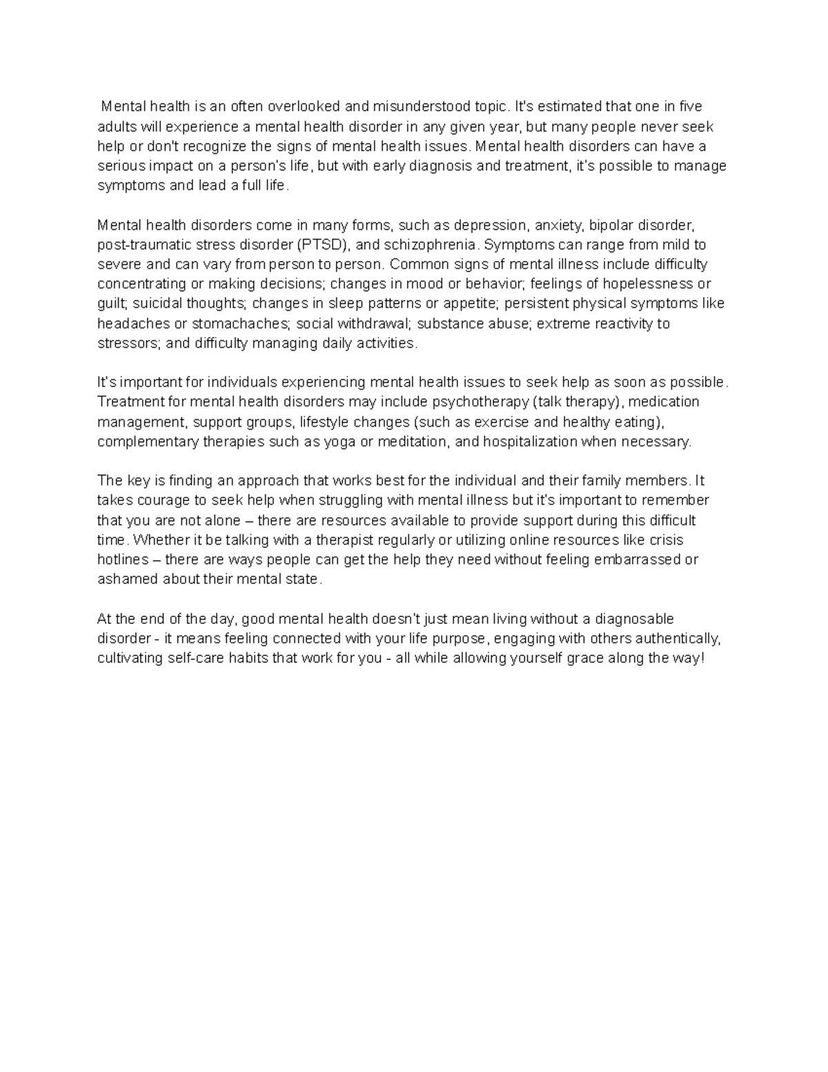 ENG 110 Mental Health - Professor Ford - Mental health is an often ...