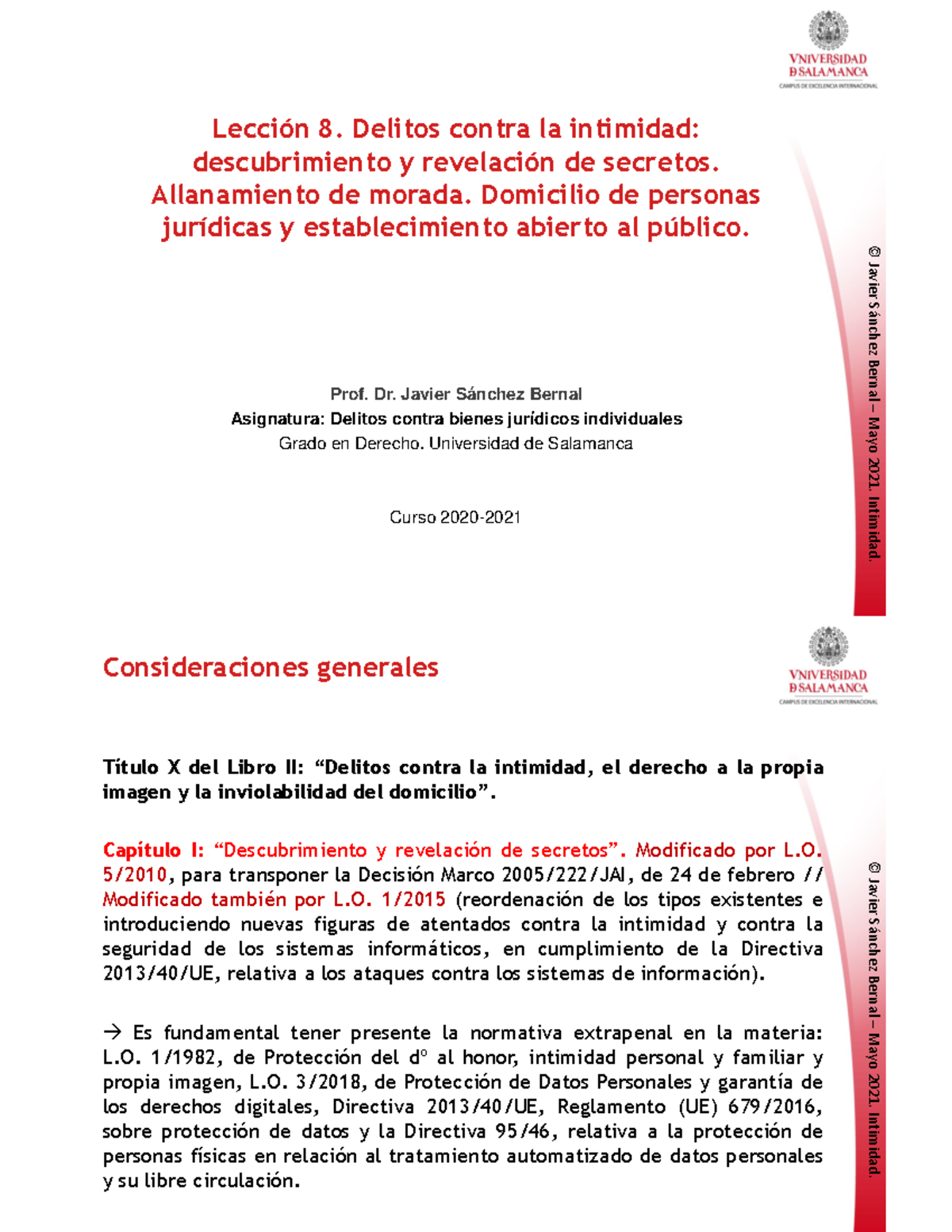 DERECHO PENAL ESPECIAL - POWERPOINT TEMA 8 - Lección 8. Delitos contra la intimidad ...