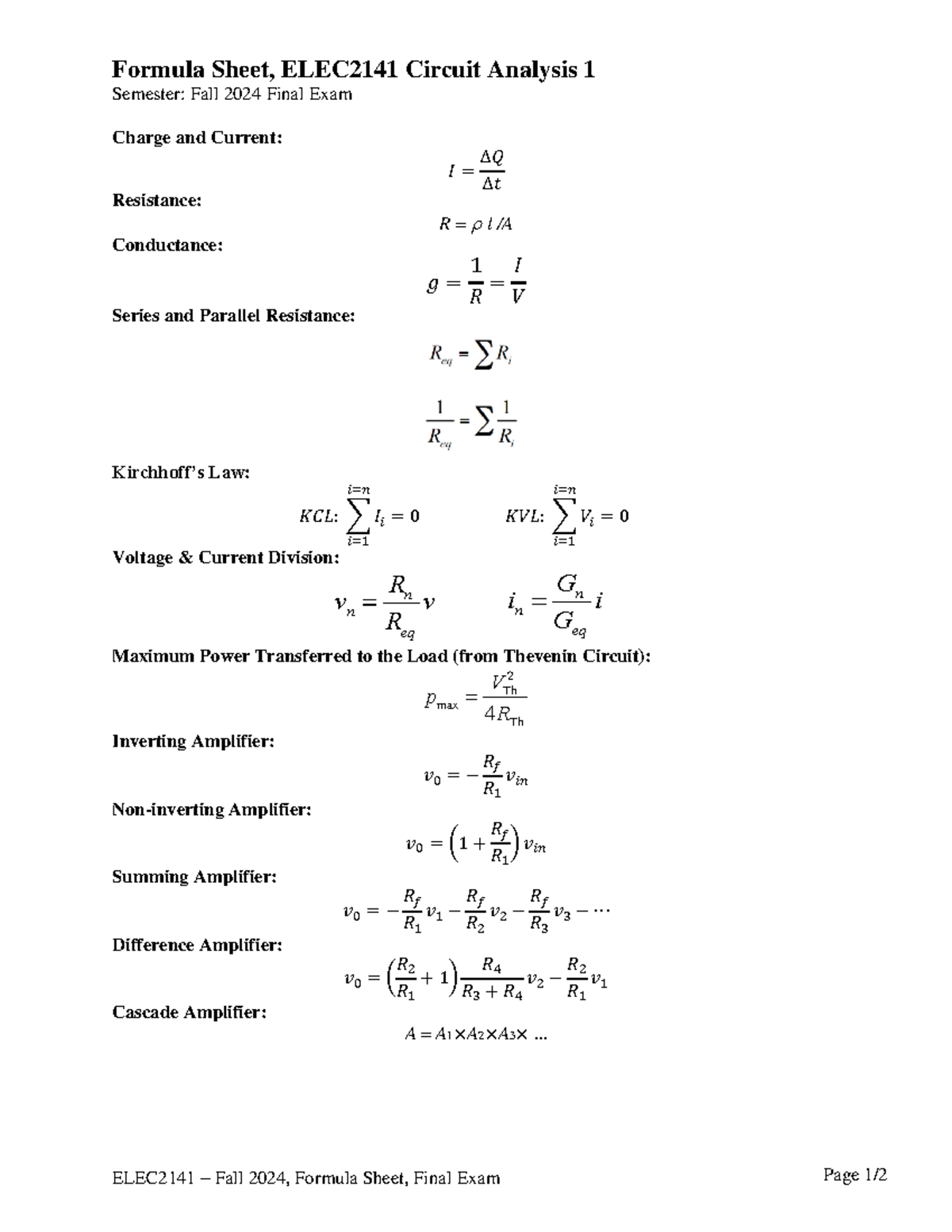 ELEC2141 Formula Sheet, Final Exam - ELEC2141 – Fall 202 4 , Formula ...